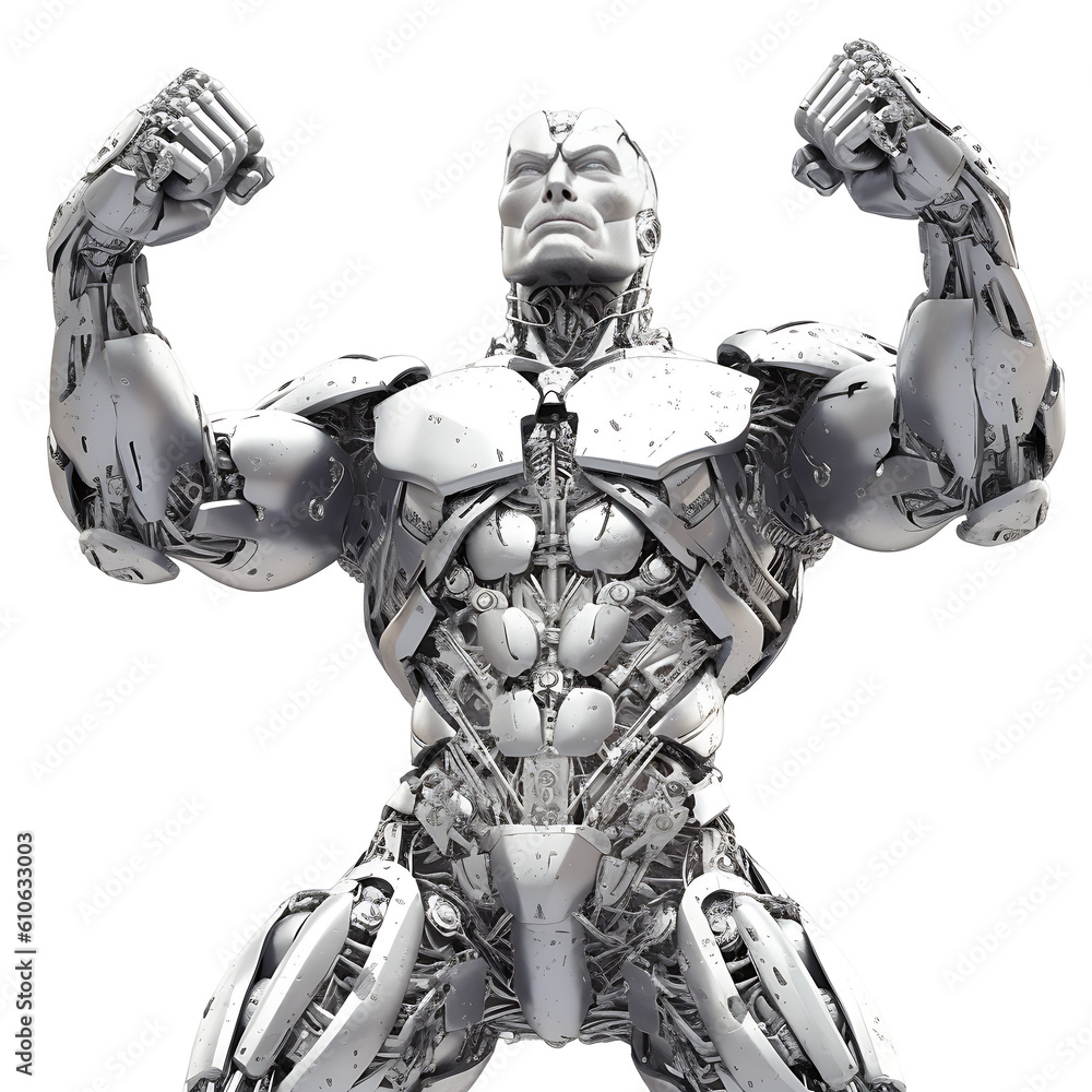Artificial intelligence male robot showing muscles isolated on ...