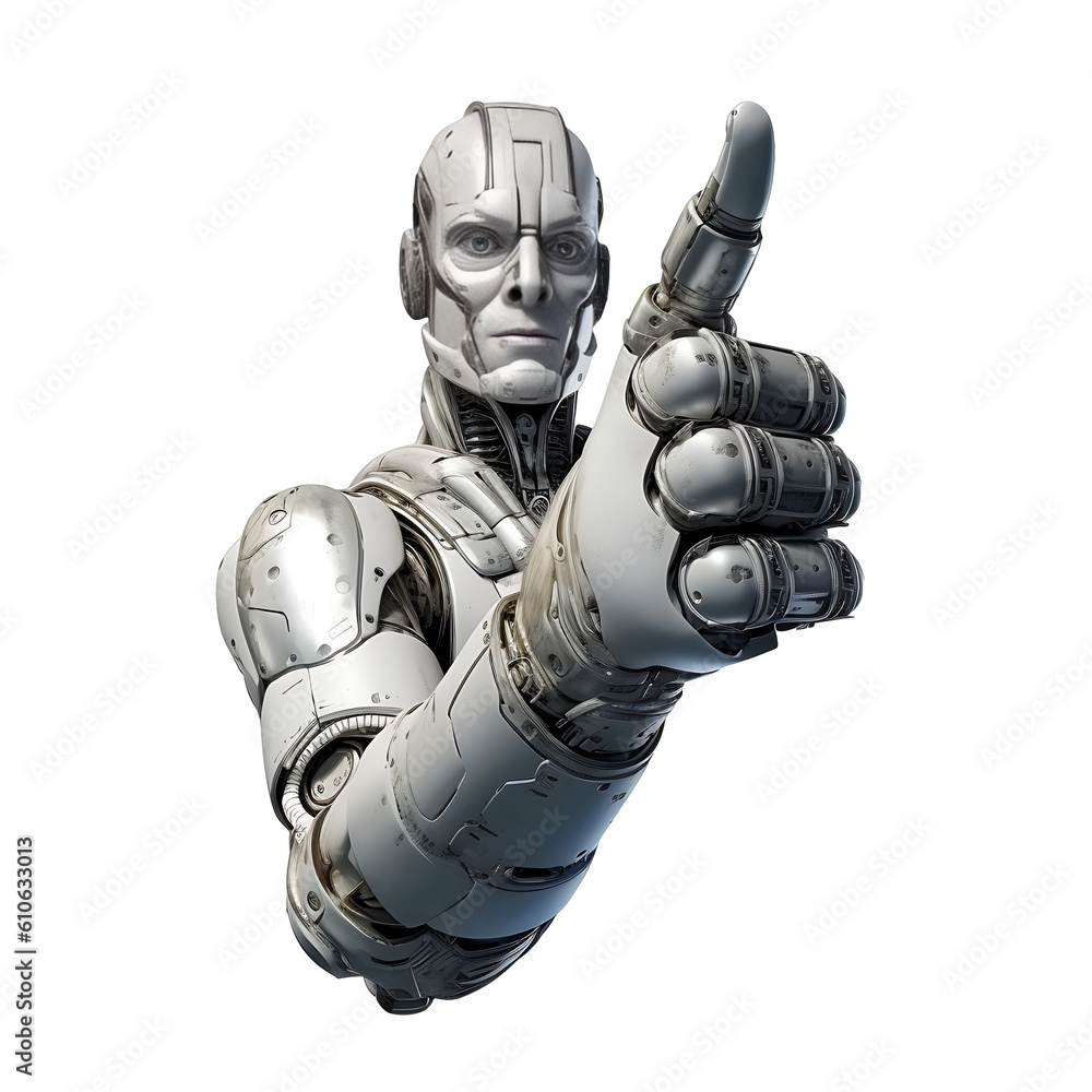 White cyborg pointing his finger isolated on transparent background ...