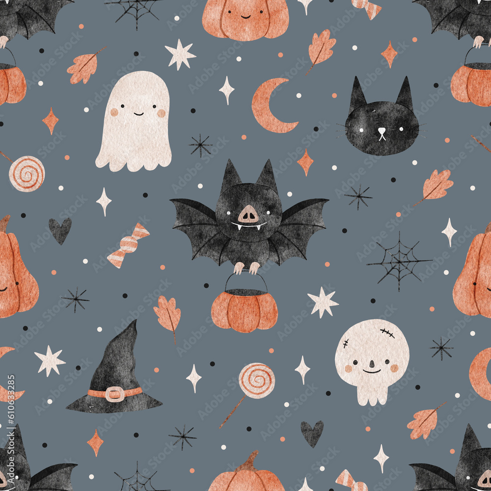 Halloween watercolor seamless pattern background design with pumpkin ...