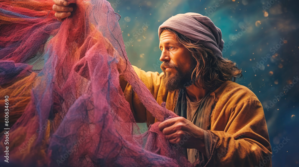 Colorful painting art portrait of the apostle Peter cleaning his ...