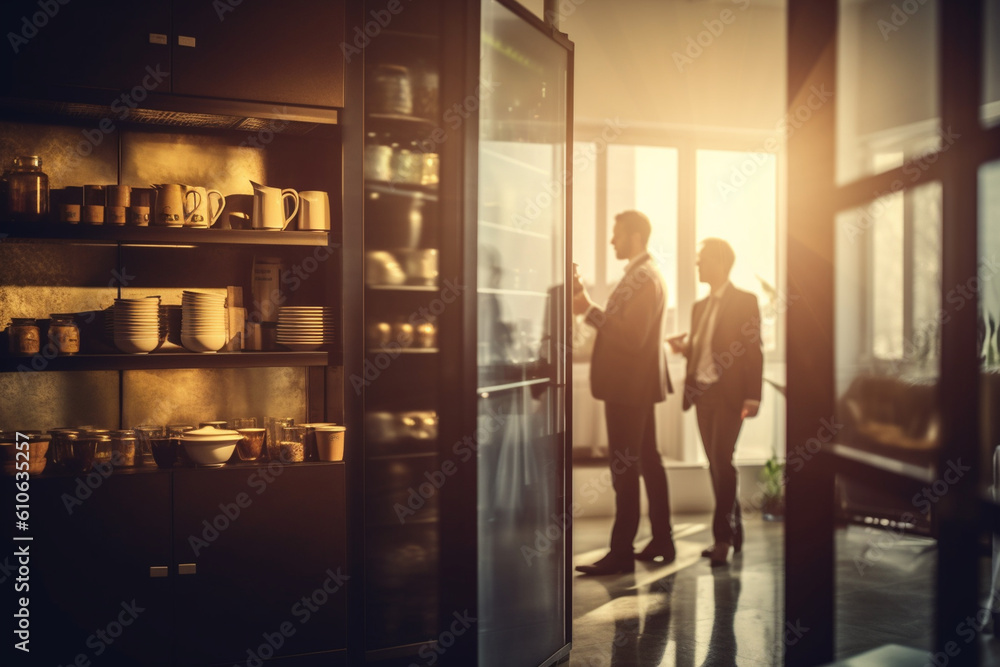 Colleagues having a coffee break and chatting in the office pantry ...
