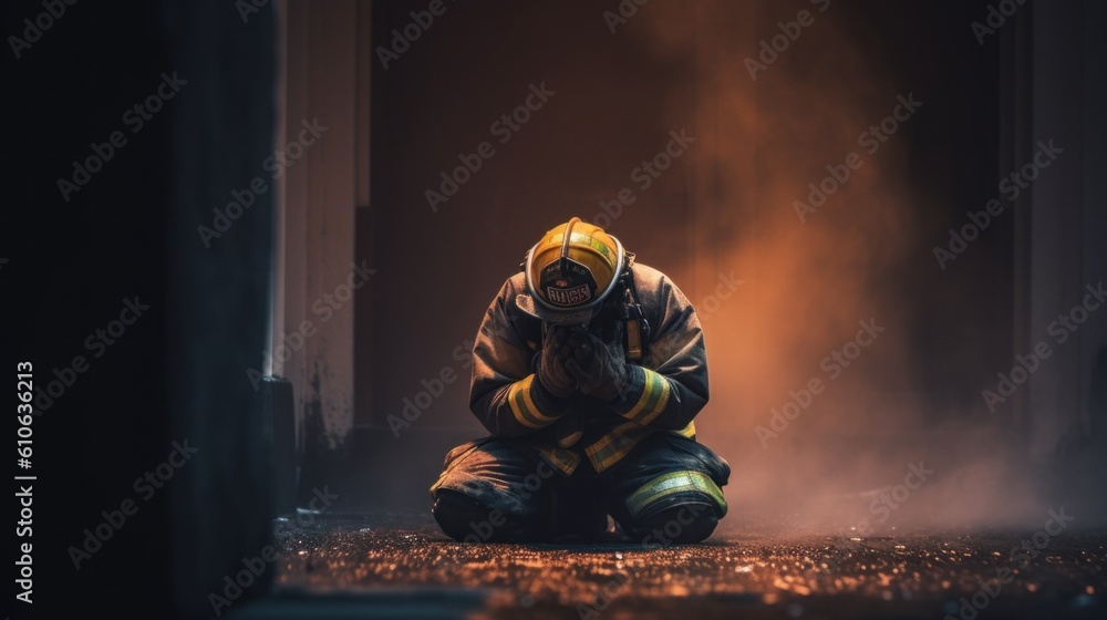 A firefighter kneeling on the ground in front of a fire. Generative AI ...