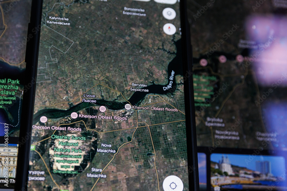 Nova Kakhovka dam collapse on google maps. Kherson oblast floods Stock ...