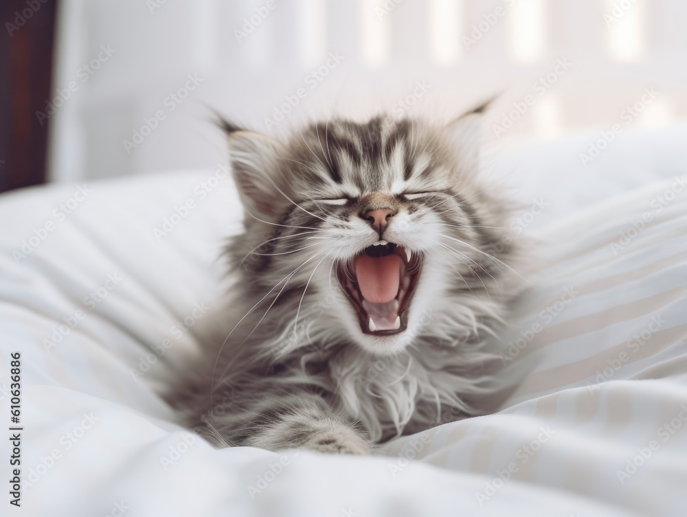 Angry fluffy cat hisses at the owner. The kitten is yawning. Maine Coon ...