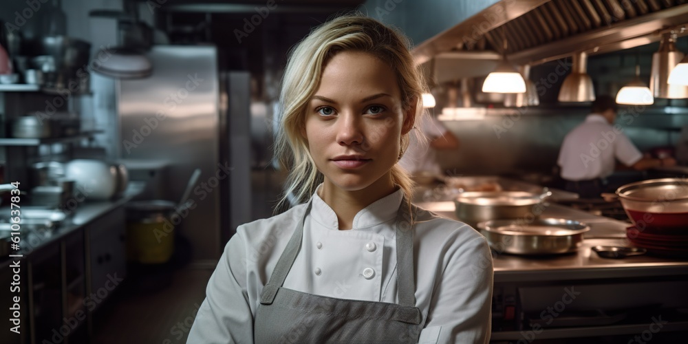 Sensual female chef in a restaurant kitchen, exuding passion and skill ...