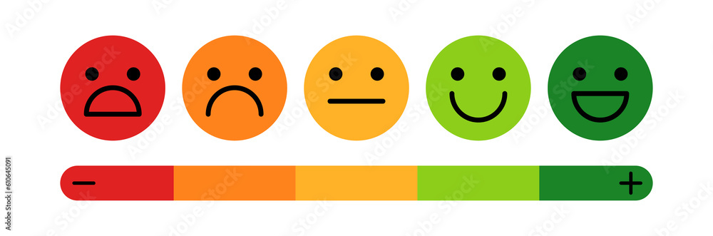 Sad, neutral, satisfied, happy emoji set on white background. Emotion ...