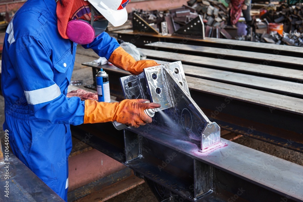 A technician is inspecting a weld with non-destructive penetrant ...