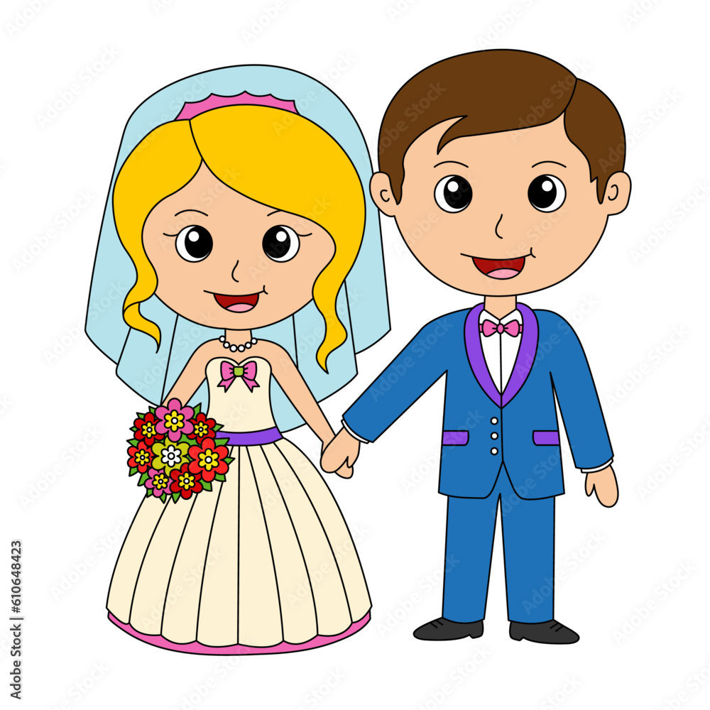 Cartoon Wedding Couple Coloring Page. Bride And Groom Illustration ...