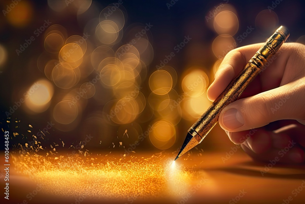 pen leaving sparks of light while writing. Generative ai Stock ...