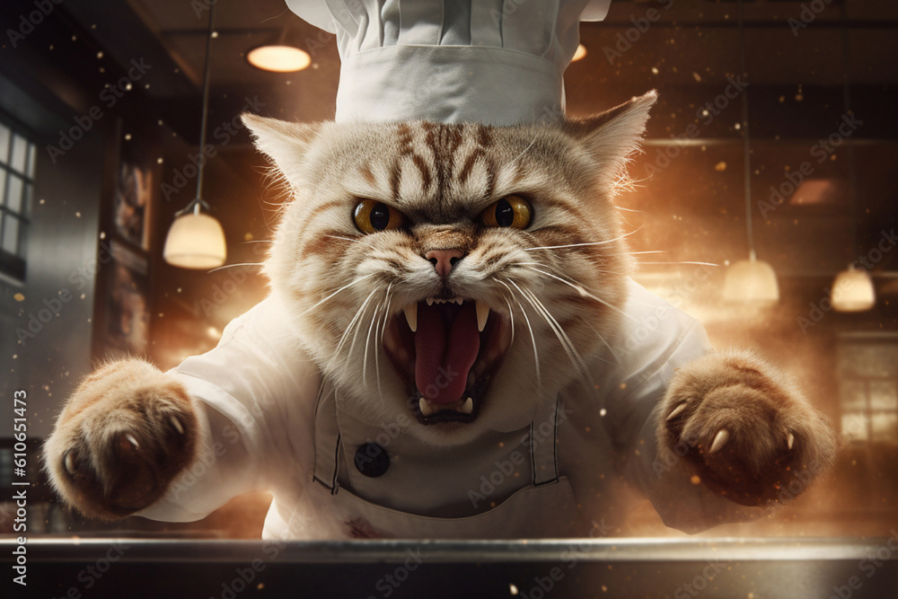 angry cat chef, created by a neural network, Generative AI technology ...