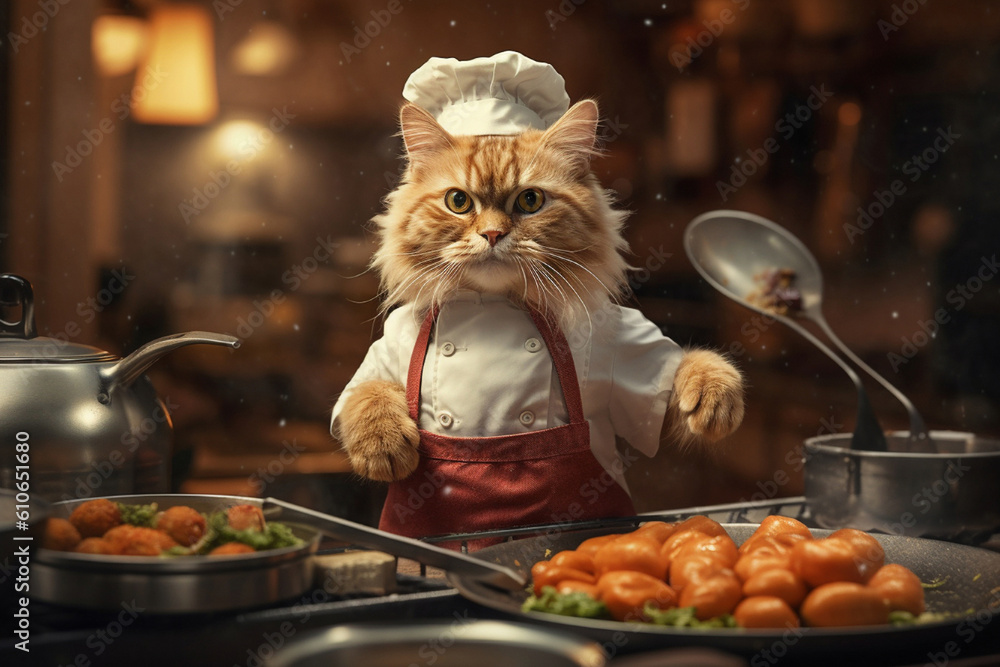 cat chef in the kitchen, created by a neural network, Generative AI ...