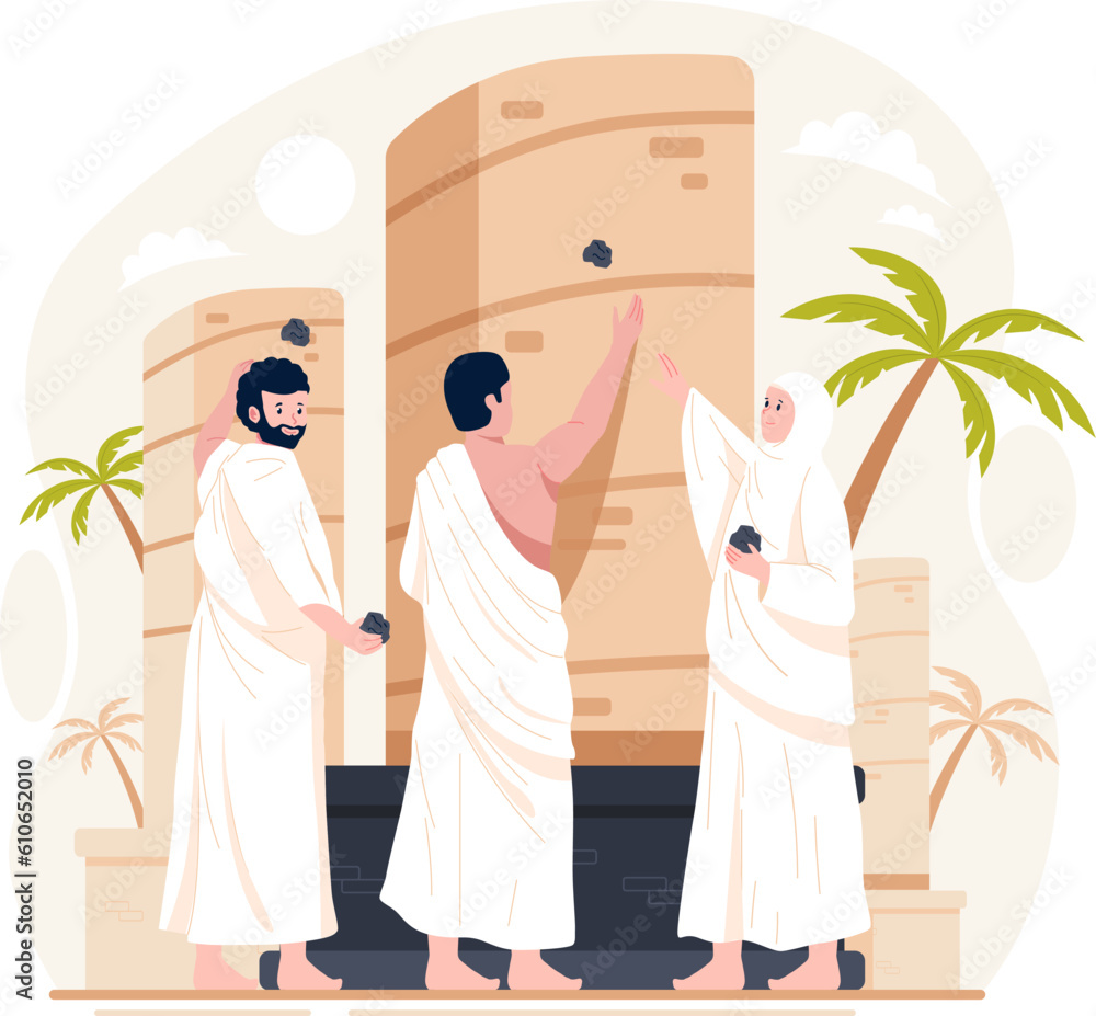 Islamic Hajj Pilgrimage. Muslim pilgrims throw stones at the devil ...