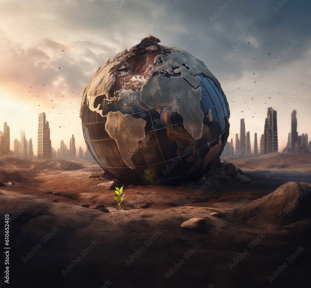 Planet earth made of building materials, destroyed by the excess of ...