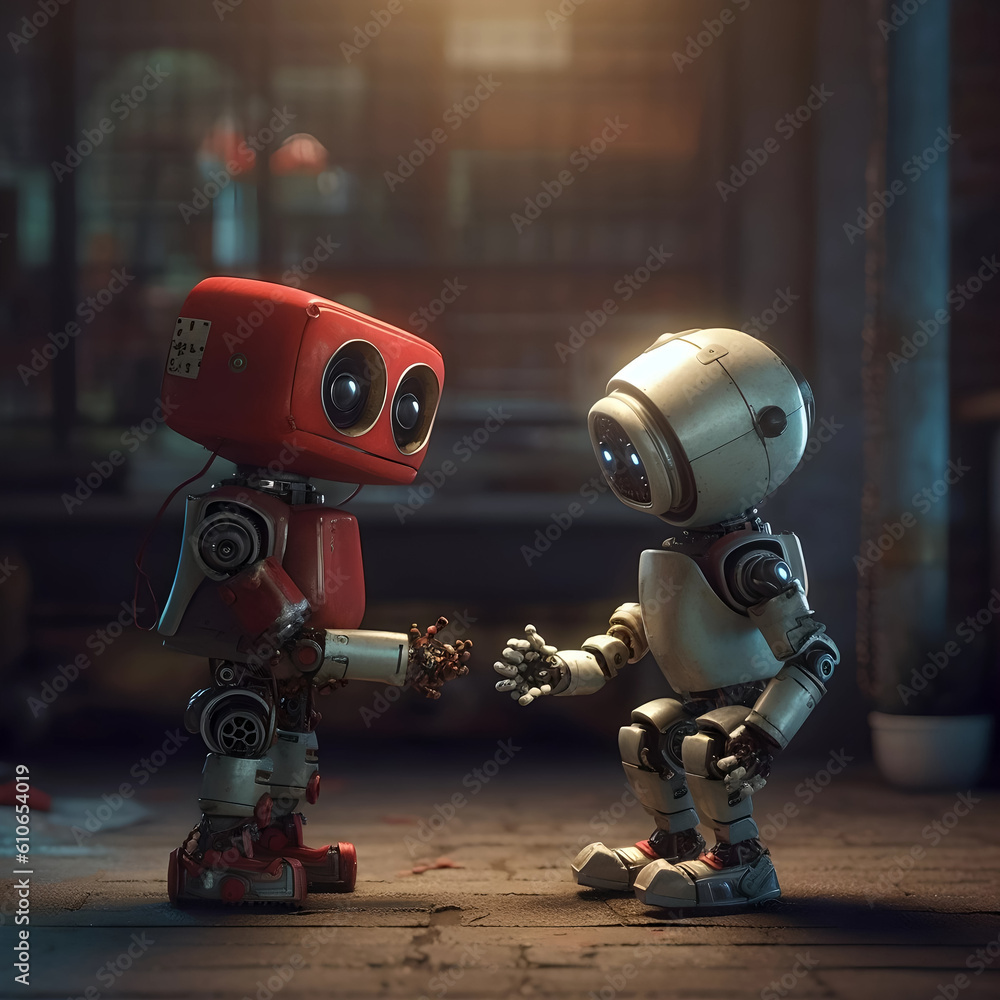 Two little robot friends Generative AI Stock Illustration | Adobe Stock