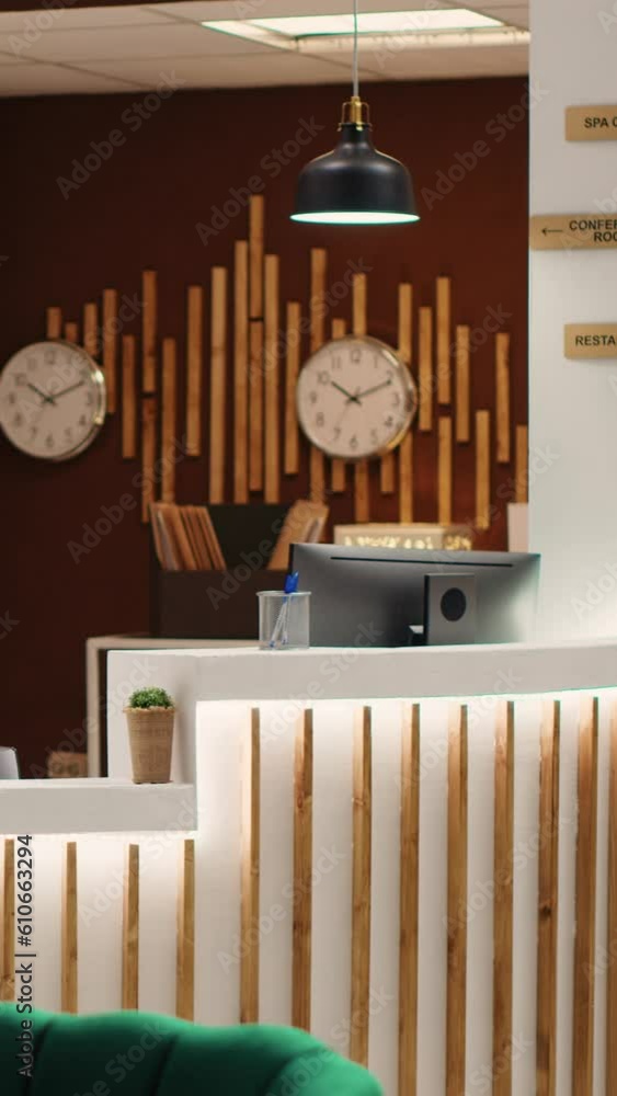 Vertical Video Interior of welcoming rustic hospitality industry hotel ...