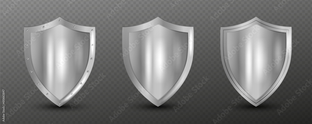 Metal shield with frame realistic vector illustration. Collection of ...