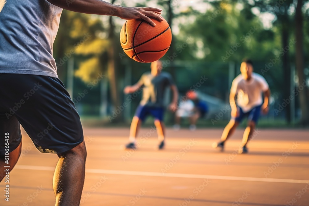 Rear view of a skilled male athlete at a basketball court, captured in ...
