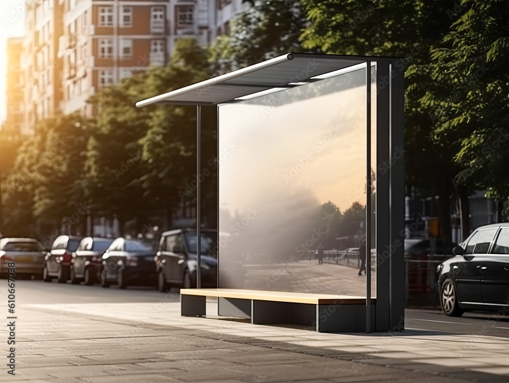 Blank white mockup of bus stop vertical billboard in front of empty ...