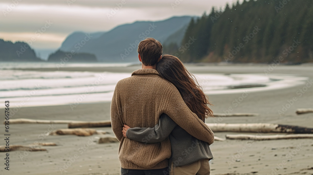 Back view photo of young cute loving couple hugging Generative AI Stock ...