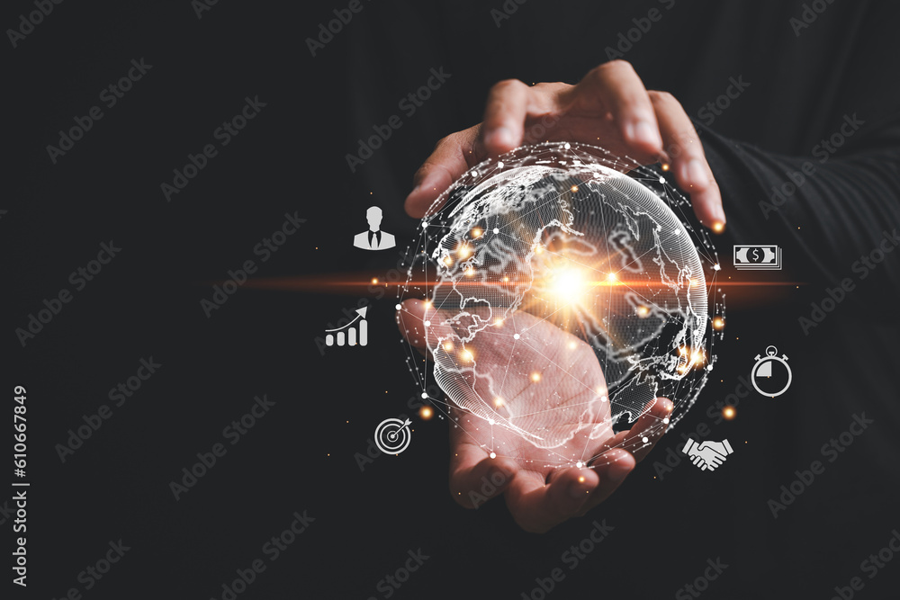 Hand grasps virtual Global Internet connection metaverse, signifying ...