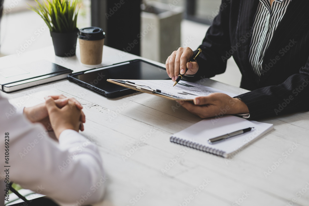 Employer in suit reading resume of job interview candidate profile ...