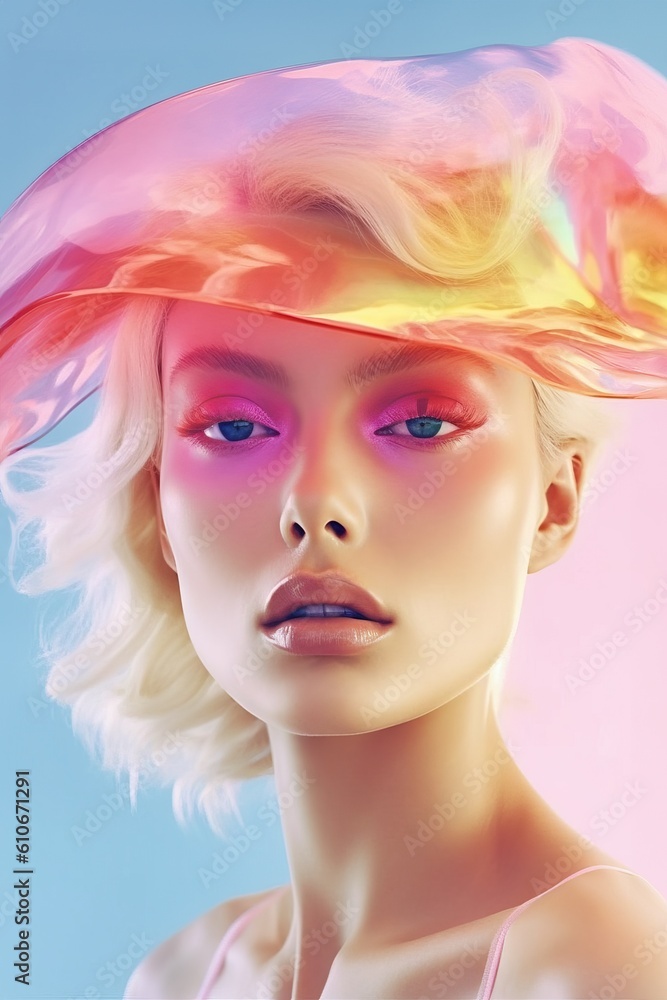 Beautiful blonde woman female girl model with futuristic hat posing on ...