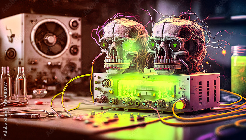 Skulls in a surreal electrical lab spark off an amplifier connected to ...