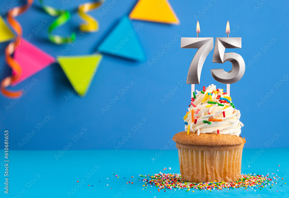 Candle number 75 - Cake birthday in blue background Stock Photo | Adobe ...