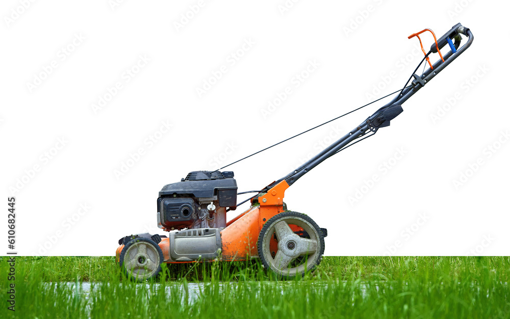 Lown mower, grass cutter. Walk-behind and push lawn mower isolated on ...