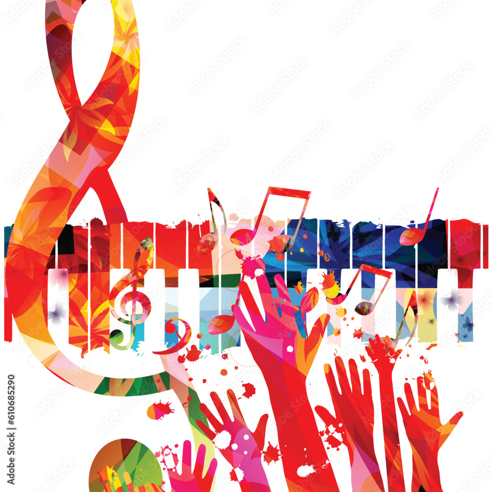Colorful Treble Clef Musical Note Symbol With Piano Keyboard And Hands colorful-treble-clef-musical-note-symbol-with-piano-keyboard-and-hands