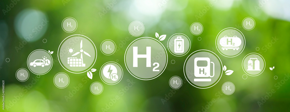 The concept of clean Hydrogen Energy with icons, changing the CO2 fuel ...