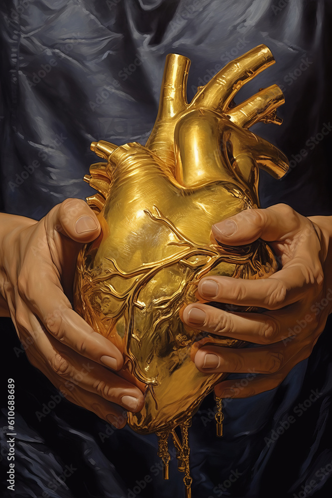 golden hand touching an anatomically correct heart and turning it to ...