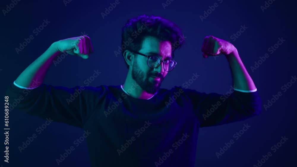 Proud slim weak Arabian man coder guy technology hacker show hands ...