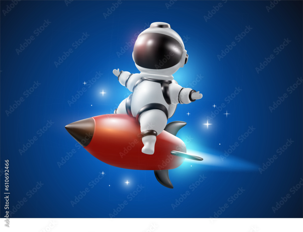 Vector Space Illustration Of Cosmonaut In Spacesuit Exploring Outer Space Flying On Spaceship On