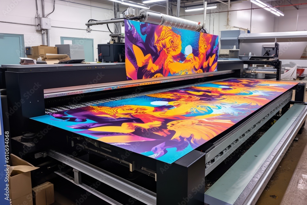 Ultra Wide-format inkjet printer printing machine during production of ...