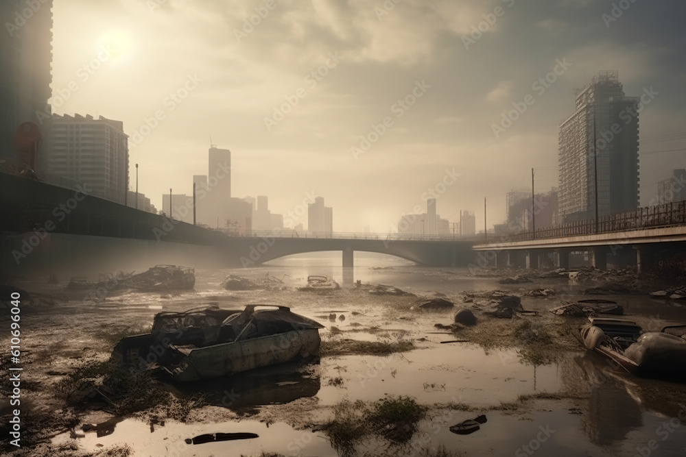Generative AI illustration of after effects of manmade environmental ...