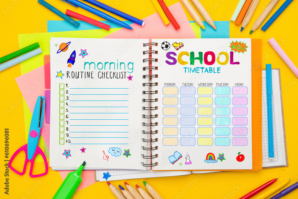 Morning Routine Checklist, School timetable. Top view flat lay concept ...