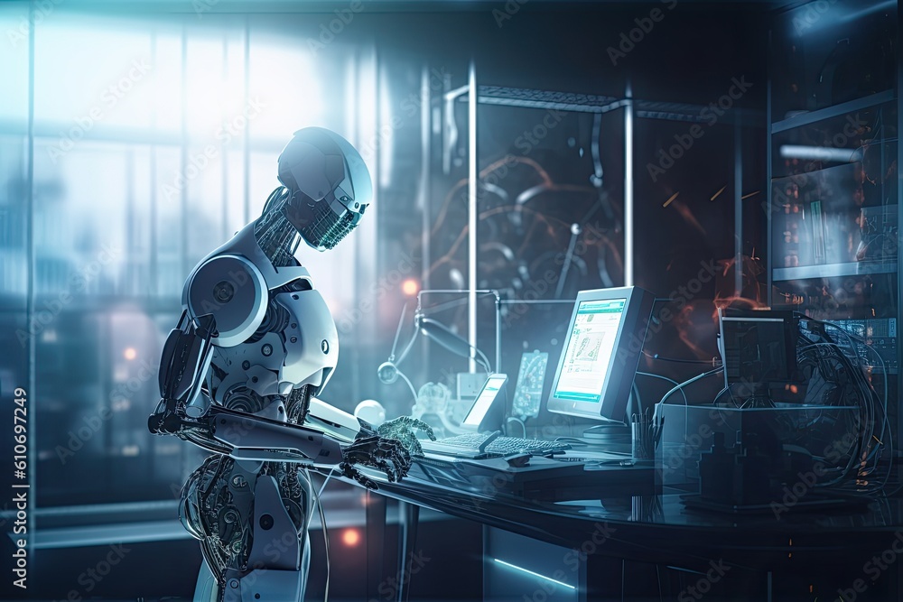 3d rendering humanoid robot working in modern office with computer ...