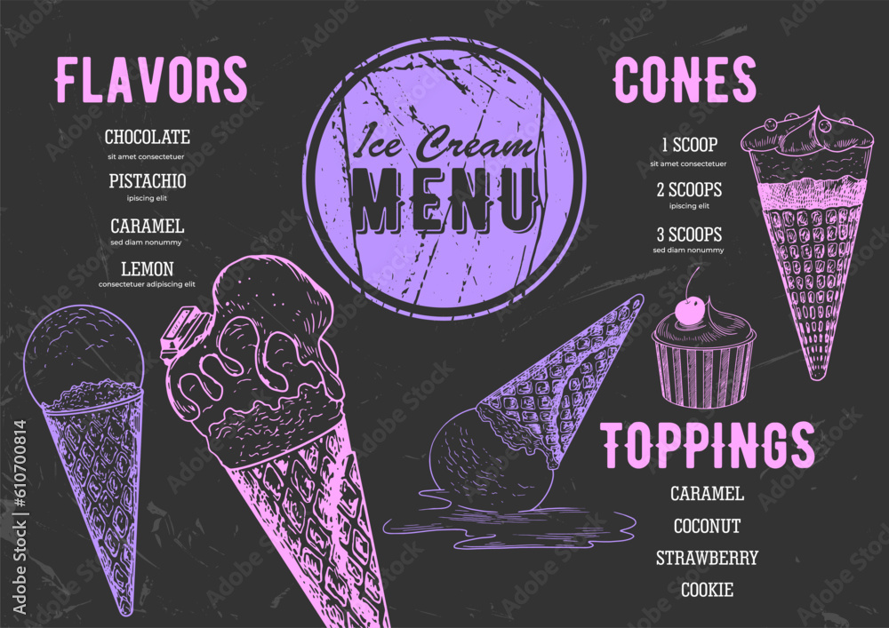 Template for ice cream menu for cafe and restaurant. Hand drawn ice ...