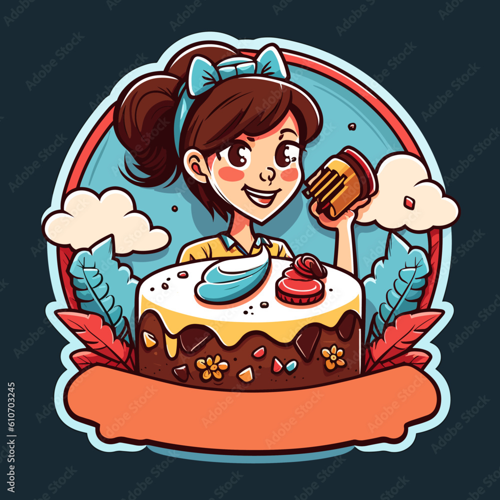 Smiling female confectioner holding a sweet cake. Street food from a ...