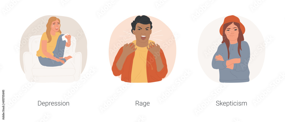 Teenage emotional problems isolated cartoon vector illustration set ...