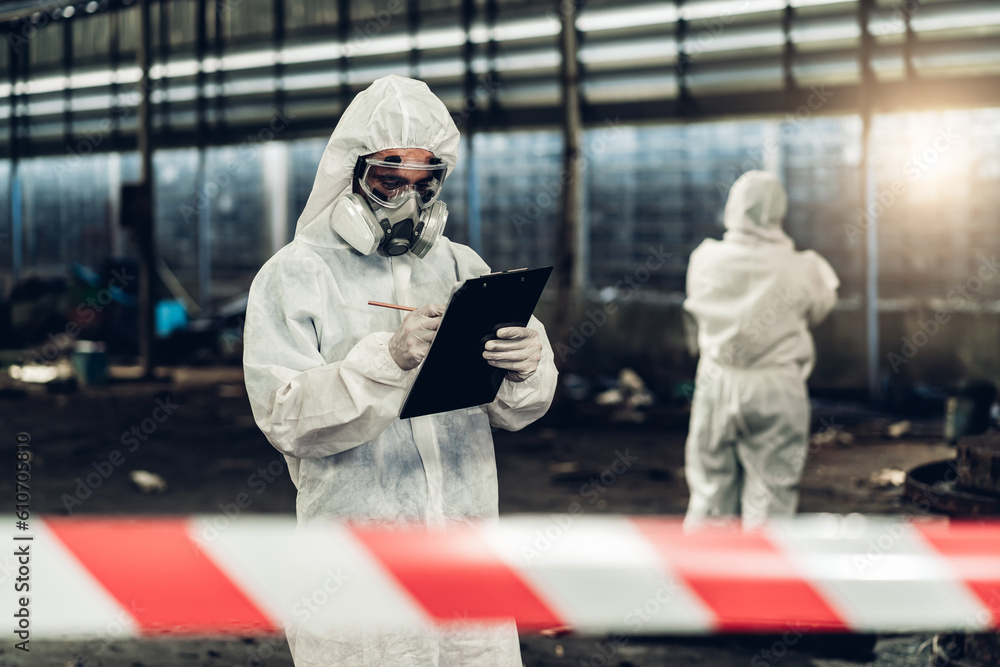 Scientist wear Chemical protection suit check danger chemical, working ...