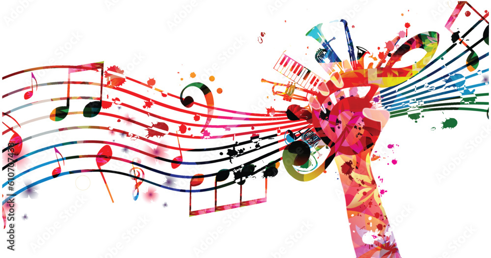 Hand holding G-clef with musical instruments vector illustration ...