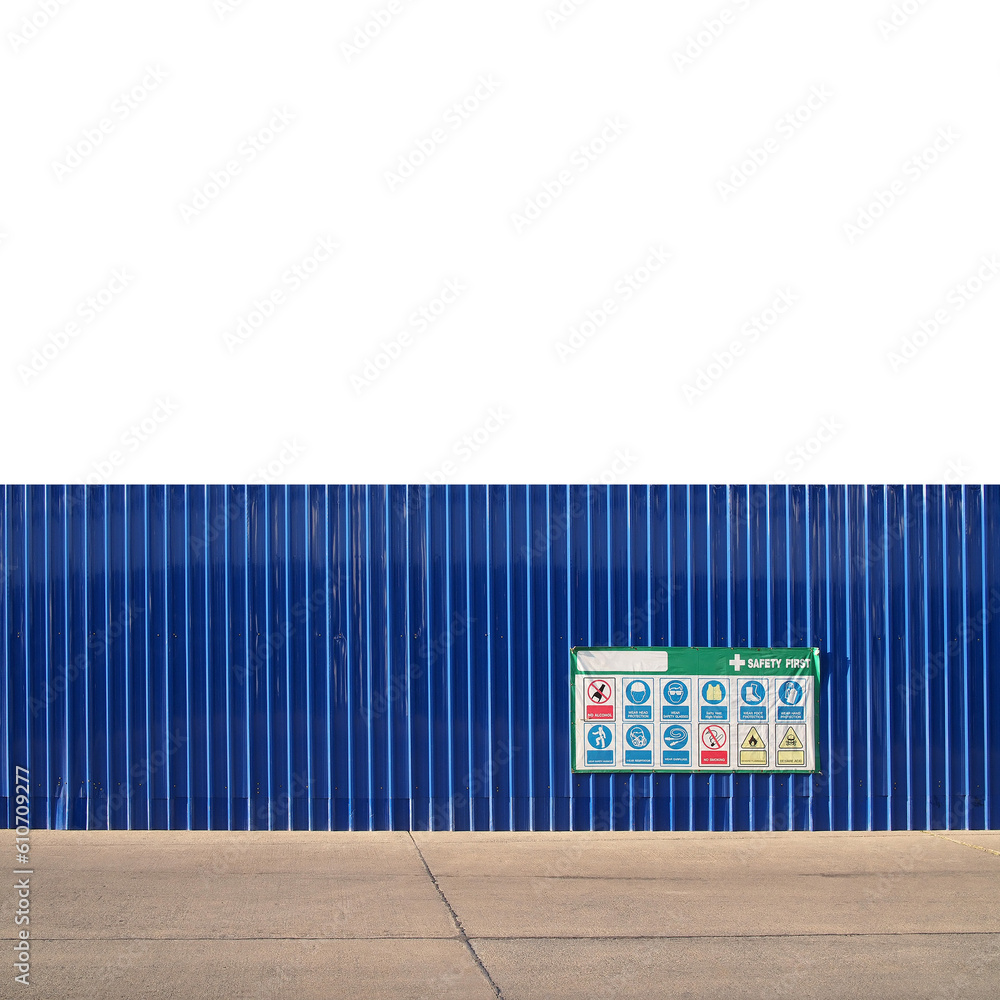 vinyl warning sign with safety information hanging on aluminium fence ...