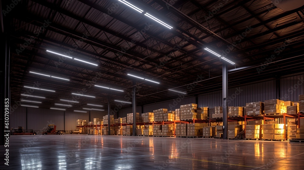 Generative AI, Warehouse interior with LED lighting, industry building ...