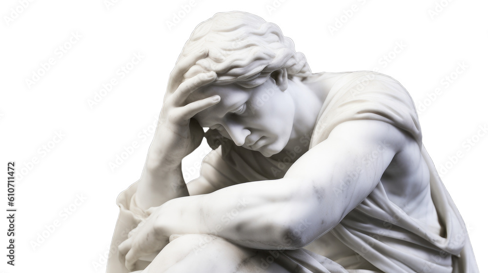 A marble statue of a sad/depressed man looking down on a transparent background, Generative AI ...
