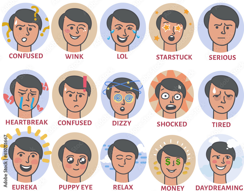 Vetor de set of emotion cartoon male faces vector, comic Faces with ...