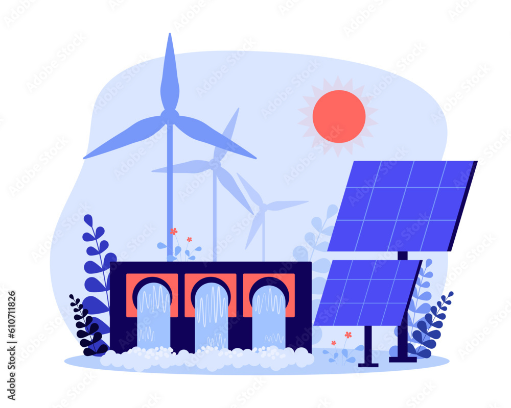 Renewable energy sources vector illustration. Solar power panels, wind ...