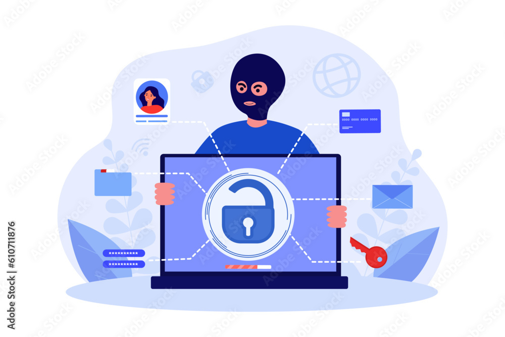 Thief in mask stealing computer vector illustration. Laptop with lock on screen, hacker getting ...