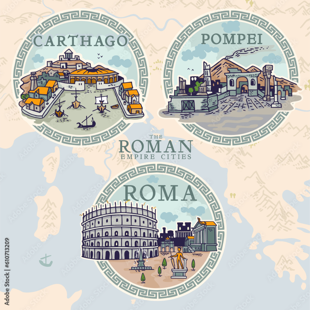 Roman Empire cities hand draw emblem icons in vector format Stock ...